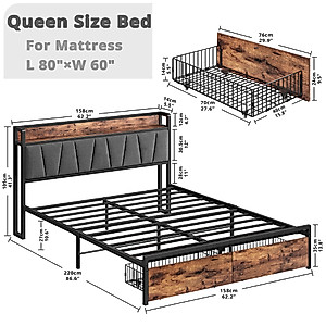 LIKIMIO Queen Bed Frame, Storage Headboard with Charging Station, Platform Bed with Drawers, No Box Spring Needed, Easy Assembly, Vintage Brown and Gray