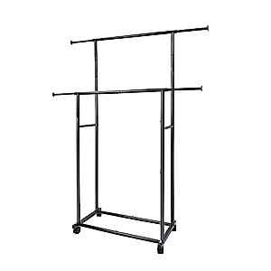 Fishat Simple Standard 2 Double Rod Clothing Metal Garment Rack for Hanging Clothes, Rolling Clothes Organizer on Lockable Wheels Mobile (Black)