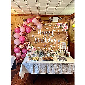 Pink Birthday Party Decorations,Butterfly Rustic Wood Flowers Happy Birthday Backdrop Banner Hot Pink Balloon Arch Garland Kit for Women Girl Birthday Party Supplies