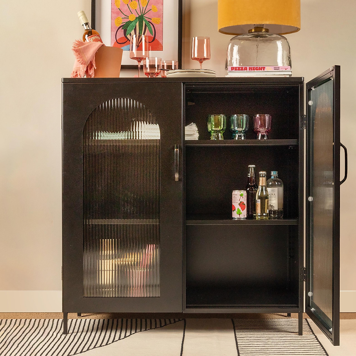 Creative Co-Op Solstice Wide Metal 2 Adjustable Storage Shelves and Arched Glass Door, Black Accent Cabinet, 40"