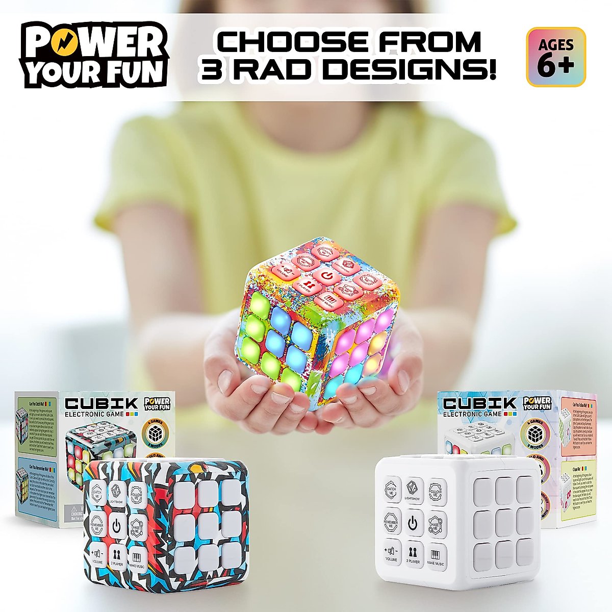 Power Your Fun Cubik LED Flashing Cube Memory Game - Electronic Handheld Game, 5 Brain Memory Games for Kids STEM Sensory Toys Brain Game Puzzle Fidget Light Up Cube Stress Relief Fidget Toy (Tie Dye)