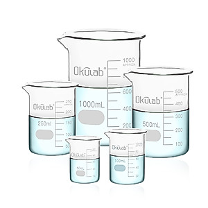 Okulab Glass Beaker Set, Low Form, Graduated 3.3 Borosilicate Glass Beakers (I PC of 50 100 250 500 1000ml) for Lab, Classroom, Craft, Kitchen, BKLGS5A1