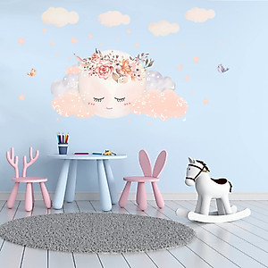 Smiling Moon Cloud Wall Decals Stickers, ULENDIS Removable Flying Birds Stars Wall Stickers, Peel and Stick Pink Clouds with Wreath Wall Art Decor for Home Dorm Party Nursery