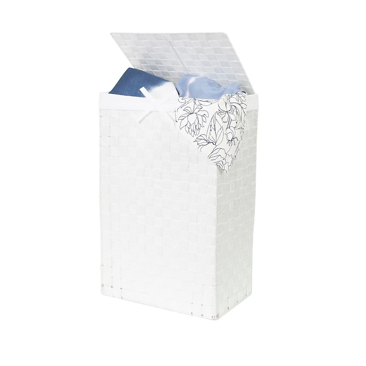 Compactor Rectangle Laundry Basket with Lid, Woven Washing Hamper for Storing Clothes and Linen in Bedrooms and Bathrooms, Removable Liner and Carry Handles, White, Stan Range