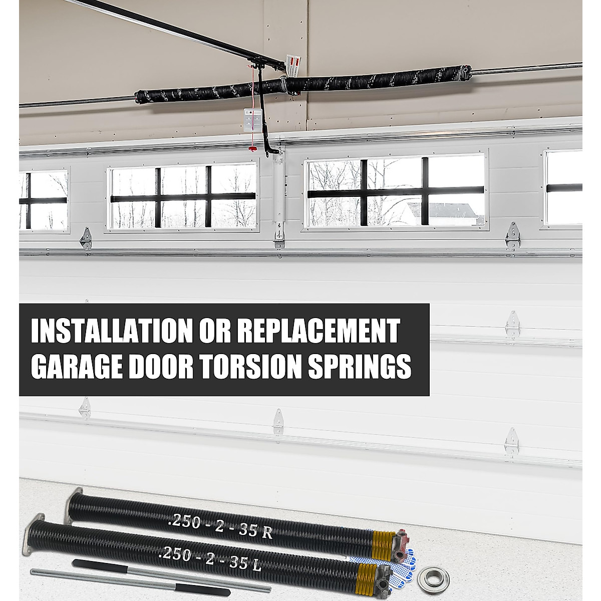 Garage Door Torsion Spring Set, Pair of 2" Electrophoresis Coated Garage Door Spring Replacement with 2 Non-Slip Winding Bars and Bearing, Minimum 16000 Cycles (.250x2x35")