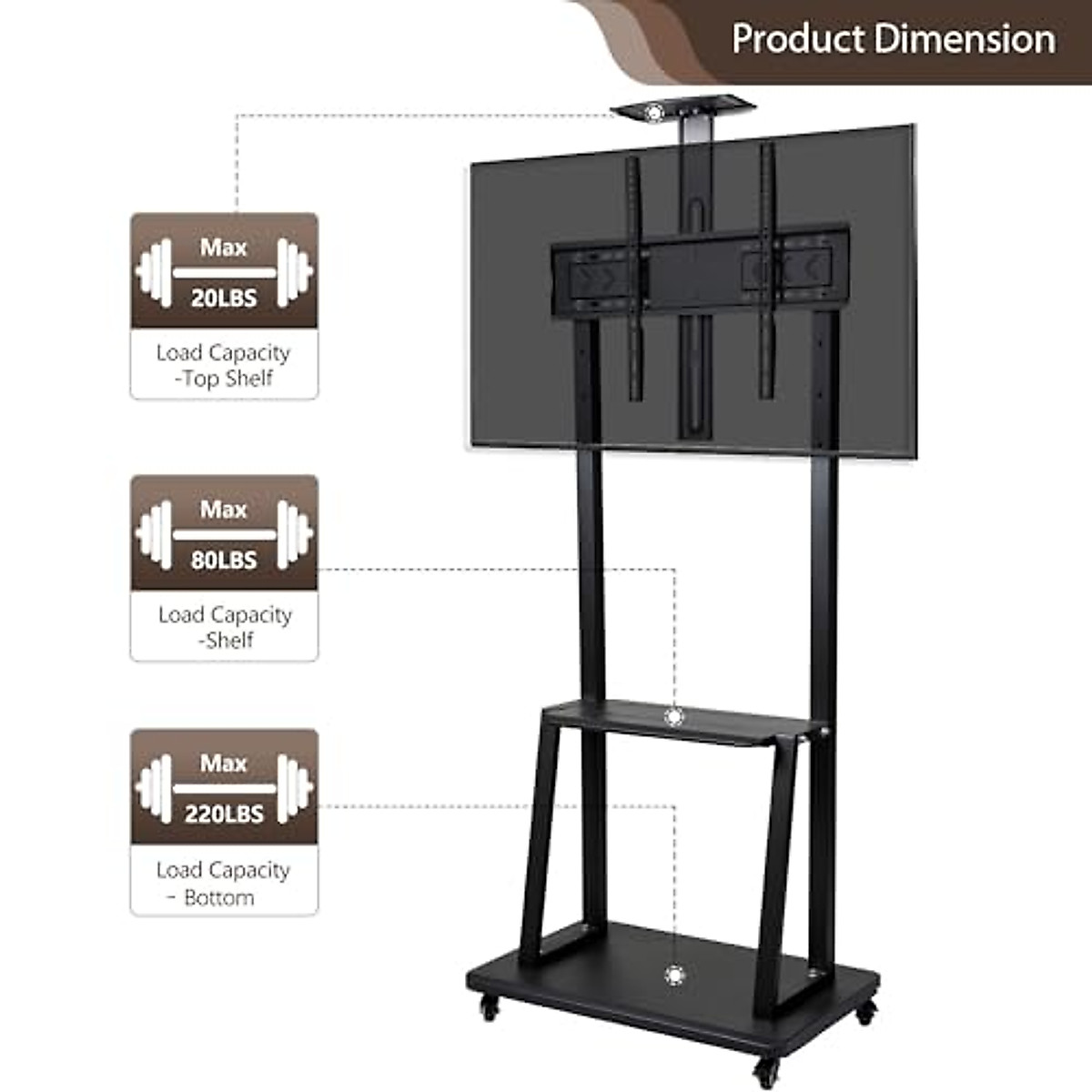 Mobile TV Stand for 32-85inch Flat Curved Screen TV Cart,with Media Shelf Tray,Height Adjustable Heavy Floor TV Stand,Portable TV Stand with Wheels Holds Up to 180lbs,Max VESA 600 * 400mm