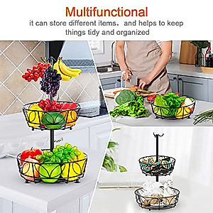 Auledio 2-Tier Countertop Fruit Vegetables Basket Bowl Storage With Triple Banana Hanger, Black