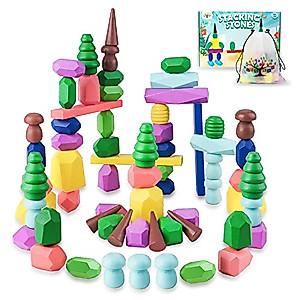 Toys for 3 Year Old Boys Girls, 36 PCS Colorful Wooden Sorting Stacking Rocks, Sensory Toys for Toddlers 3-4 Montessori Building Blocks for Kids Ages 4-8, Preschool Learning Activities for Home School