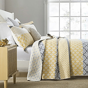 DDUOXIN Floral Quilts King Size - 100% Cotton Reversible King Quilt with 2 Pillow Shams, Farmhouse Soft Bedspreads Lightweight King Quilt Bedding Set, Yellow/Grey, King