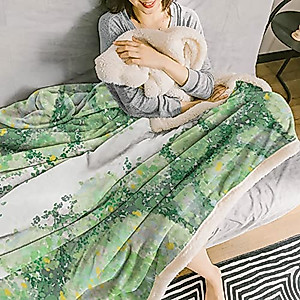 Green Yellow Sherpa Fleece Soft Double-Layered Fluffy Blanket, Watercolor Teal Ombre Leaves Botanical Warm Throw Blankets for Living Room, Bedroom, 59" W x 79" L