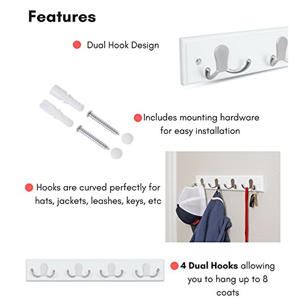 BirdRock Home Dual Hook Coat and Hat Rack - 4 Dual Hooks - 17 Inches - Wall Mount - Decorative Home Storage - Entryway Foyer Hallway Bathroom Bedroom Rail - Satin Nickel Hooks - White Pine Bathroom Ra