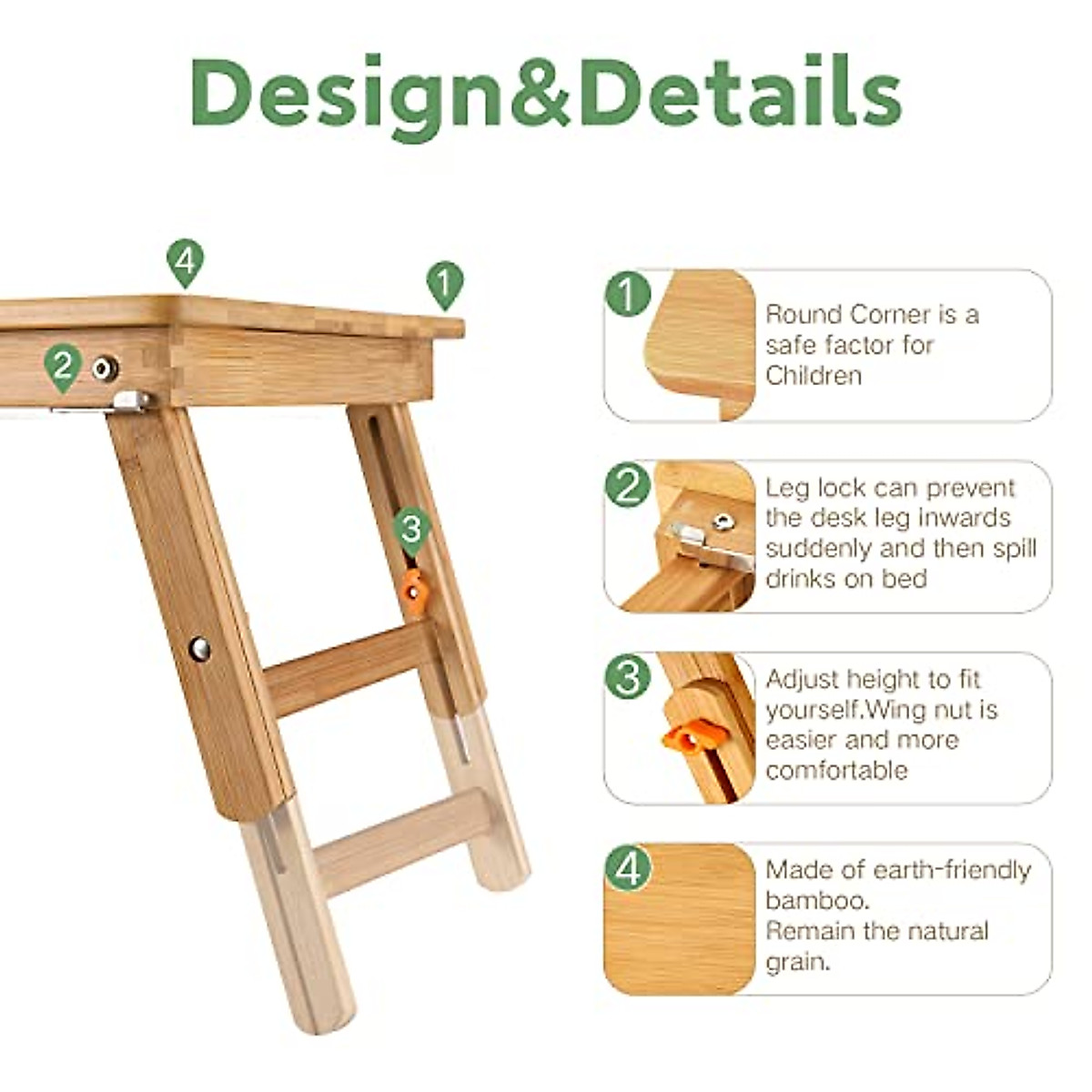 Large Size Laptop Tray Desk Nnewvanet 25.6x17.7in Bamboo Floor Desk Low Table Bed Tray Table,Foldable Adjustable Study Writing Gaming Breakfast Serving Floor Table Support 18in Laptop w' 4 Leg Lock