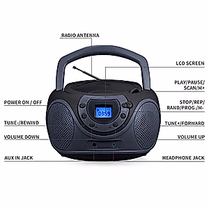 hPlay Gummy P16 Portable CD Player Boombox AM FM Digital Tuning Radio, Aux Line-in, Headphone Jack, Foldable Carrying Handle (Space Grey)