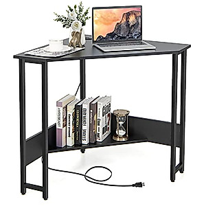 Tangkula Corner Desk with Power Outlet & USB Ports, Triangle Computer Desk with Charging Station, Storage Shelf, Space Saving Writing Desk, Vanity Table, Corner Desk for Small Space (Black)