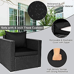 DORTALA 4PCS Patio Rattan Furniture Set, Sofa Set w/Conversation Set w/Seat & Back Cushions, Outdoor Sectional Chair Set for Poolside, Black