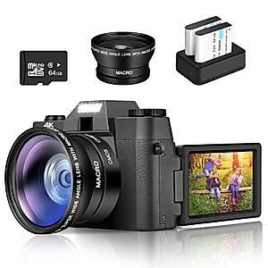 4K Digital Camera for Photography Autofocus Anti-Shake 48MP Vlogging Camera with 64GB Micro Card, 3'' 180° Flip Screen 16X Digital Zoom Travel Camera with Wide-Angle Lens & Macro Lens, 2 Batteries