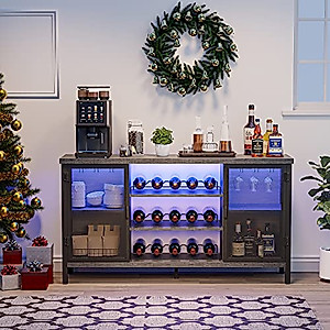 SOSPIRO Bar Cabinet with Wine Rack, LED Lights Industrial Coffee Bar Cabinet for Liquor and Glasses, Liquor Cabinet Bar for Home, Wine Bar Cabinet with Adjustable Shelves (Grey)