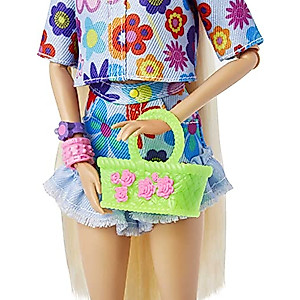 Barbie Extra Doll and Accessories with Extra-Long Blonde Hair Wearing Floral Outfit & Poncho with Pet Bunny 12 inch