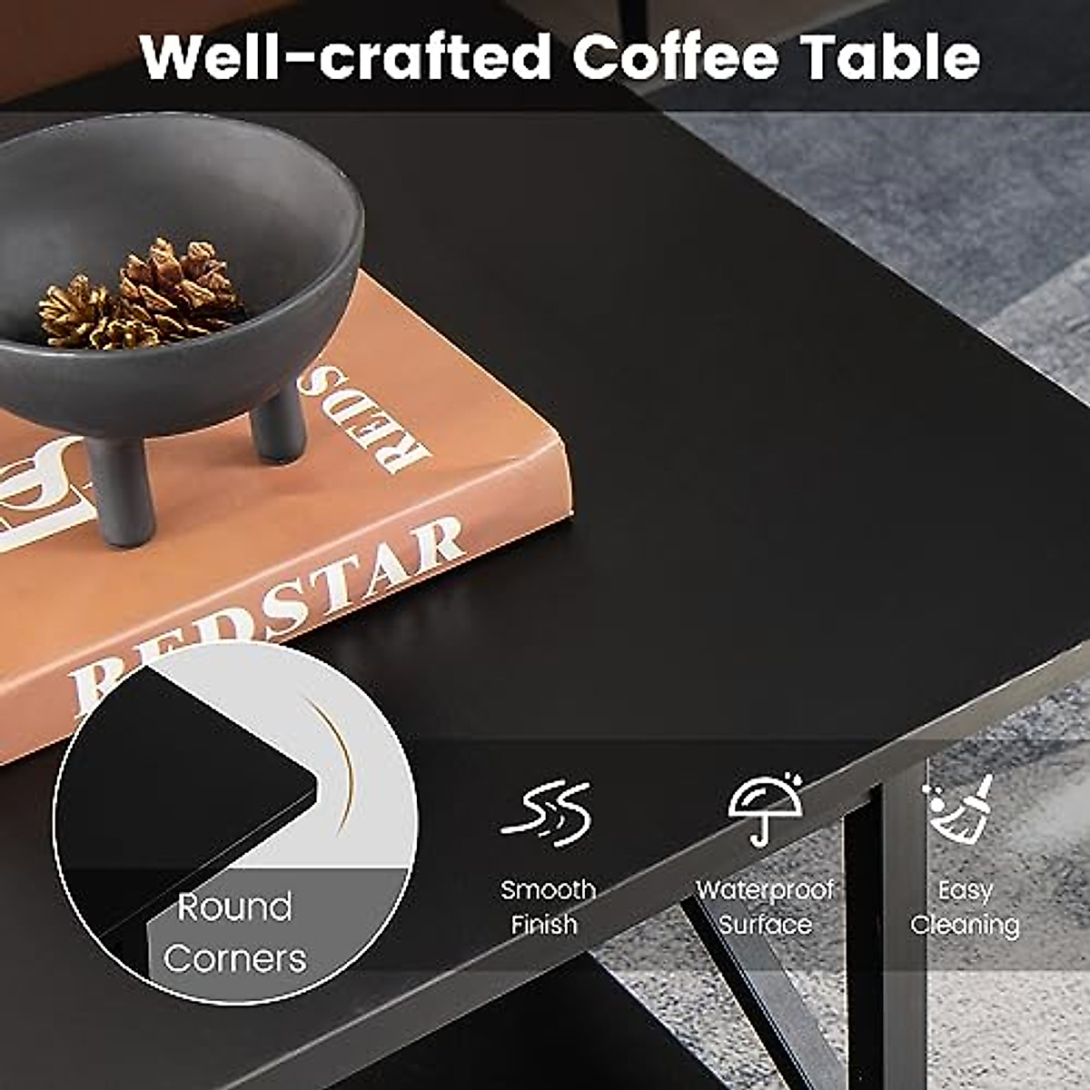 IFANNY Coffee Table, 44" Rectangle Cocktail Table with Storage Shelf, Industrial Accent Table with Metal Frame & Adjustable Foot Pads, Wood Center Table for Living Room, Home Office (Black)