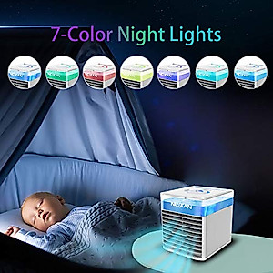 Portable Air Conditioner Fan, Mini Personal Air Cooler Fan with 3 Speed Mode, and USB Input & 7 Colors Night Light, Small Humidifier Air Cooler Desk Table Fan for Home, Office and Room