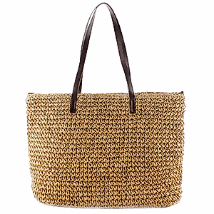 Straw Bag Women Straw Woven Tote Large Beach Handmade Weaving Shoulder Bag Handbag (2 in 1 style-Khaki)