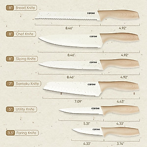 CAROTE 12PCS Knife set with Blade Guards,Granite Nonstick Ceramic Coating,Stainless Steel blade, Wooden Handle, Essential knife set,White