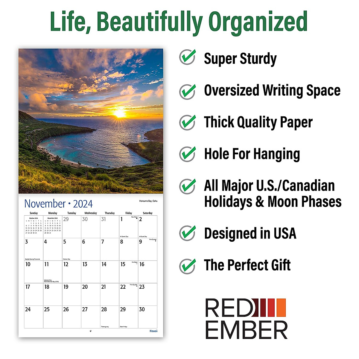RED EMBER Untamed & Beautiful Hawaii 2024 Hangable Monthly Wall Calendar | 12" x 24" Open | Thick & Sturdy Paper | Giftable | Beach Scenic Nature Travel | Your Daily Hawaiian Getaway