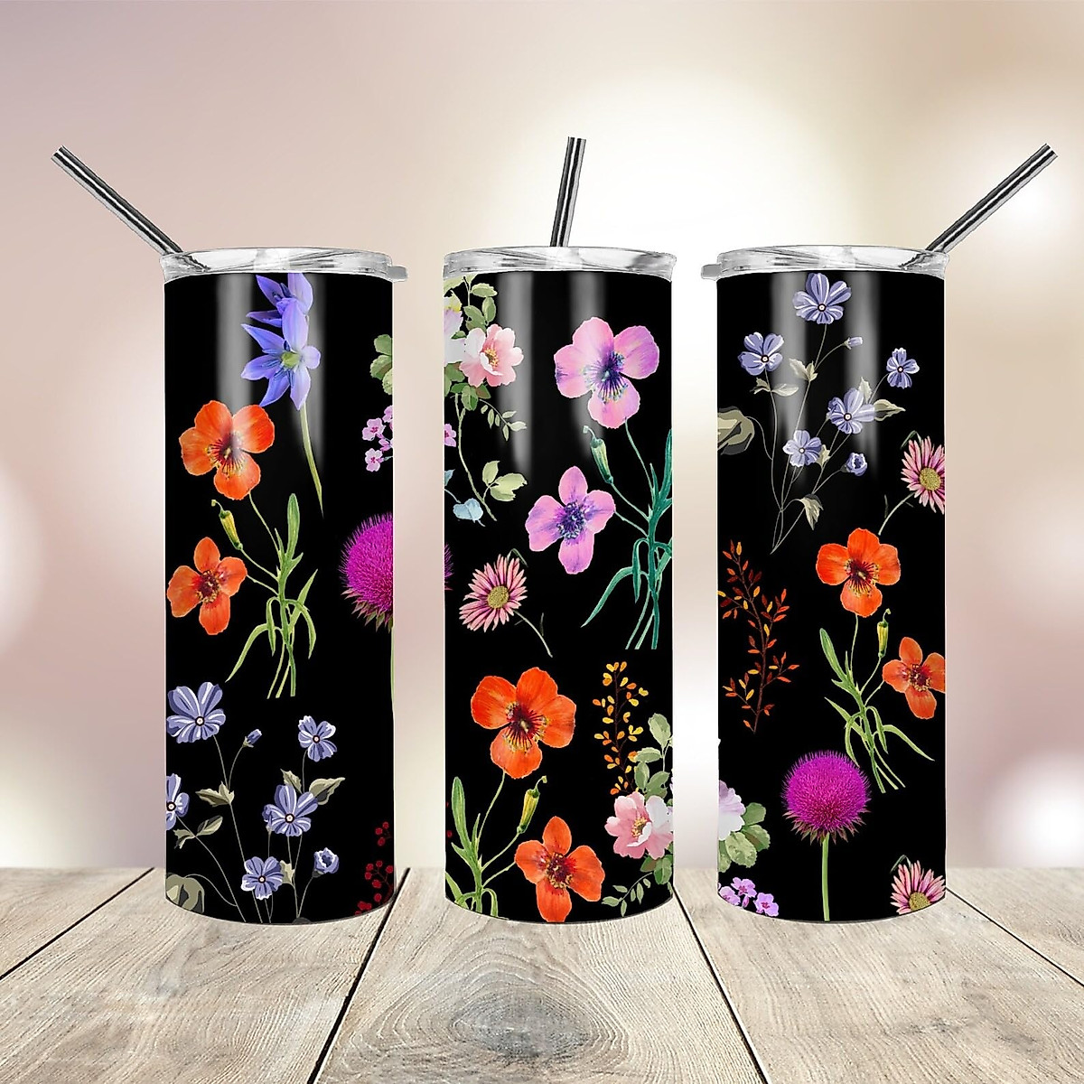 Floral Skinny Tumbler, Stainless Steel Insulated Tumbler with Lid, Flower Travel Mug, Reusable Metal Straw & Brush, Double-Wall Vacuum Bottle Cup for Hot and Cold Drinks, Gifts Women (30 oz)
