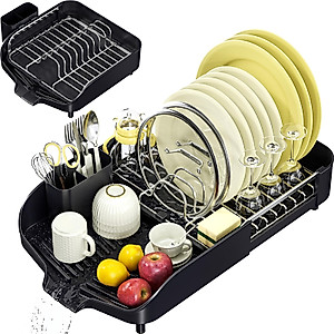 Urackify Extendable Dish Drying Rack, Foldable Dish Rack, Adjustable Dish Drainer for Kitchen - Non-Scratch and Movable Cutlery Holder and Drainage Spout, Black