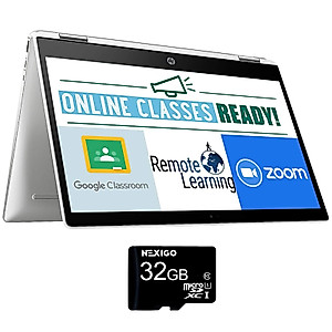 HP 2021 Chromebook 14 Inch Touchscreen 2-in-1 Laptop with Webcam, Intel Celeron N4000 up to 2.6 GHz, 4GB RAM, 32GB eMMC, Bluetooth, USB Type-C, Chrome OS + NexiGo 32GB MicroSD Card Bundle