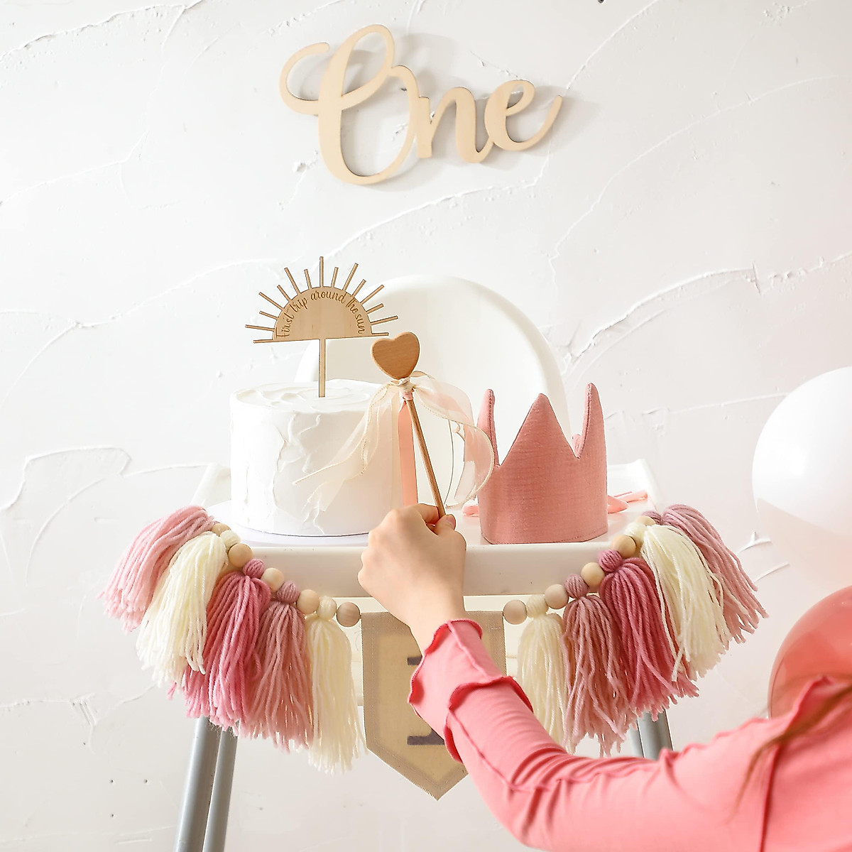 Ikubigu Highchair Banner for 1st Birthday, Handmade Birthday Crown, Highchair Banner, Cake Topper, Baby Shower Photo Props, Birthday Party Decorations Set for Baby Girl Baby Boy(Pink)