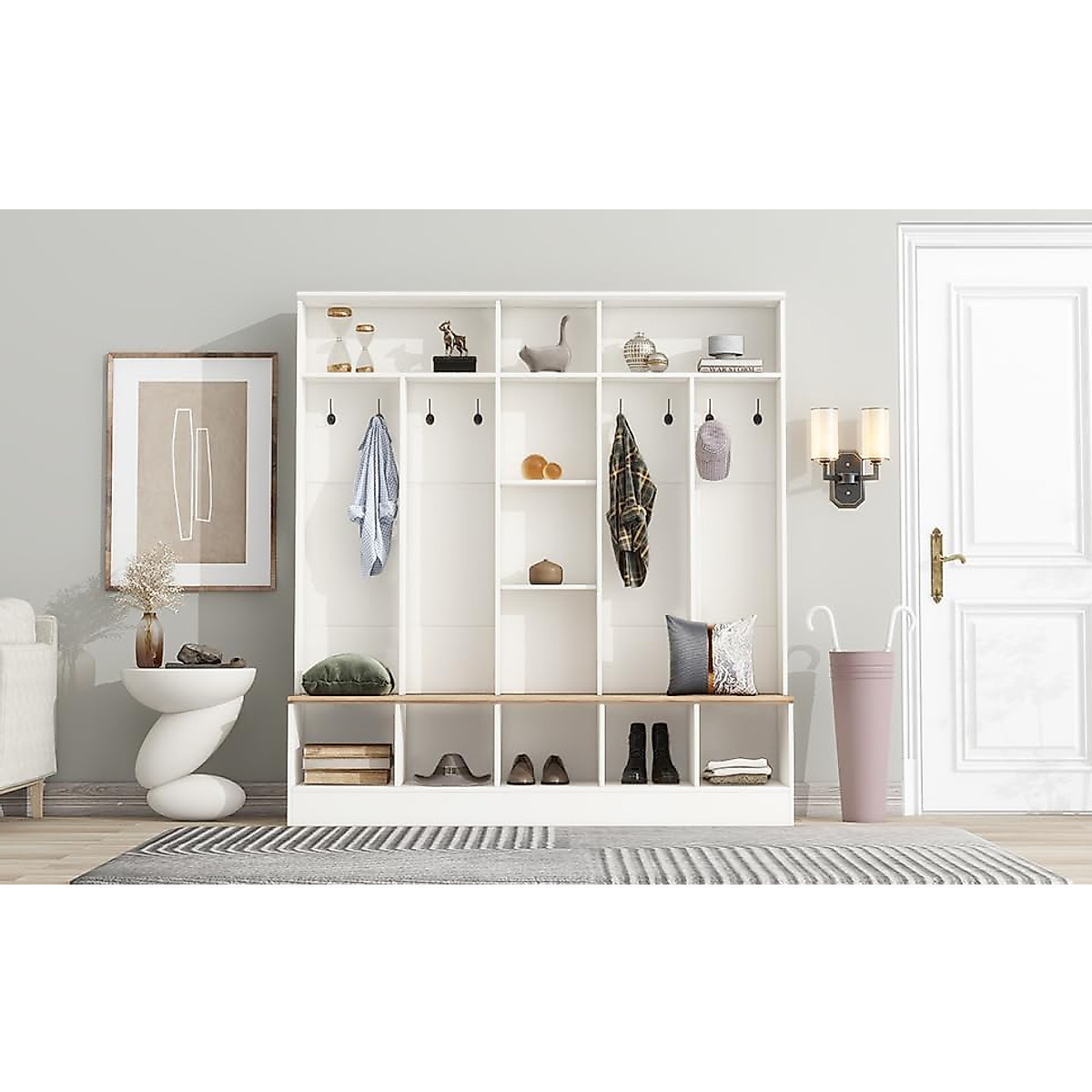 SHMAO Modern Hall Tree with Storage Bench, 4-in-1 Entryway Bench with Coat Rack, 8 Metal Hooks Tall Hall Tree with Shelves, Bottom Shoe Cubby Home Entryway Furniture for Hallway, Bedroom, 72" H White