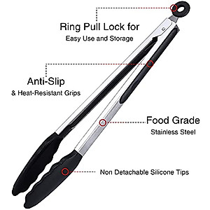 7"+9"+12" Silicone Kitchen Tongs Set, Cooking Tongs with Silicone Tips and Stainless Steel Handle, Heat Resistant Tongs for Grilling Cooking Barbecue Buffet Salad Serving, 7/9/12 Inches (Black)