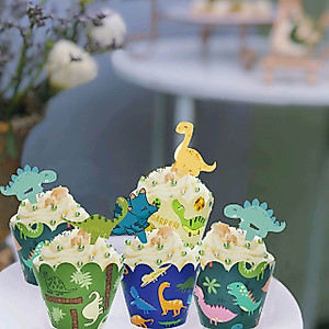 48Pcs Dinosaur Cupcake Toppers and Wrappers, Reversible Cupcake Liners with Dinosaur Picks - Cute Mini Cake Decorations for Baby Shower, Birthday Party - Jurassic World Theme Dino Party Supplies Decor