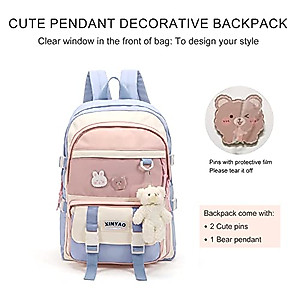 Phaoullzon Kawaii Backpack for School Aesthetic Bookbag Cute Anime Backpacks for Girls with Pins and Pendant, Blue