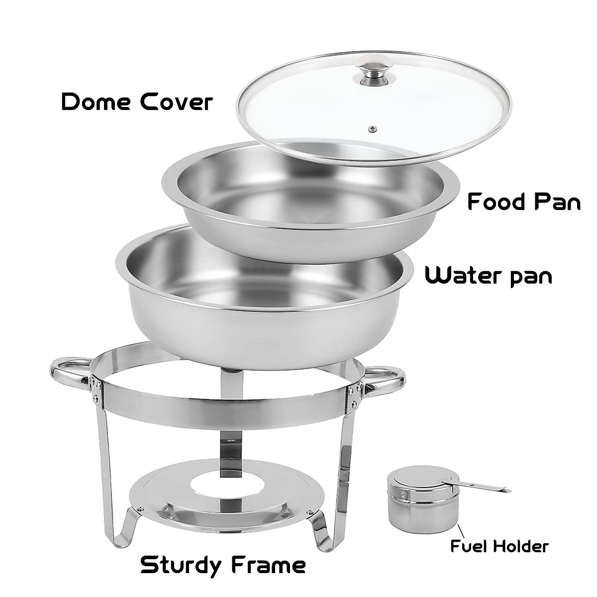 Restlrious Chafing Dish Buffet Set 4 Pack Stainless Steel Round Chafers and Buffet Warmers Set with Glass Viewing Lid, 5QT Complete Set for Buffet Catering w/Water Pan, Food Pan, Fuel Holder