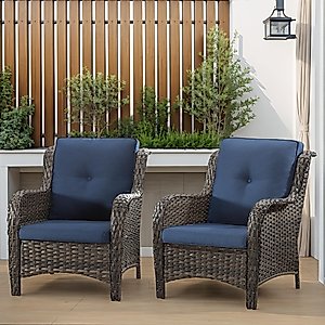 Gardenbee Patio Wicker Chairs Set of 2, Patio Rattan Dining Chairs with 3.5-inch Seat Cushions, High Back and Curved Armrest for Garden, Backyard, Balcony and Deck, Blue