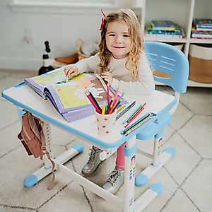 Mount-It! Kids Desk and Chair Set, Height Adjustable Sturdy, Girl Desk, Kids Art Desk, Kids Study Desk and Chair Set for Boys, Home School, Drafting Desk, Ergonomic Childrens Storage Drawer Blue