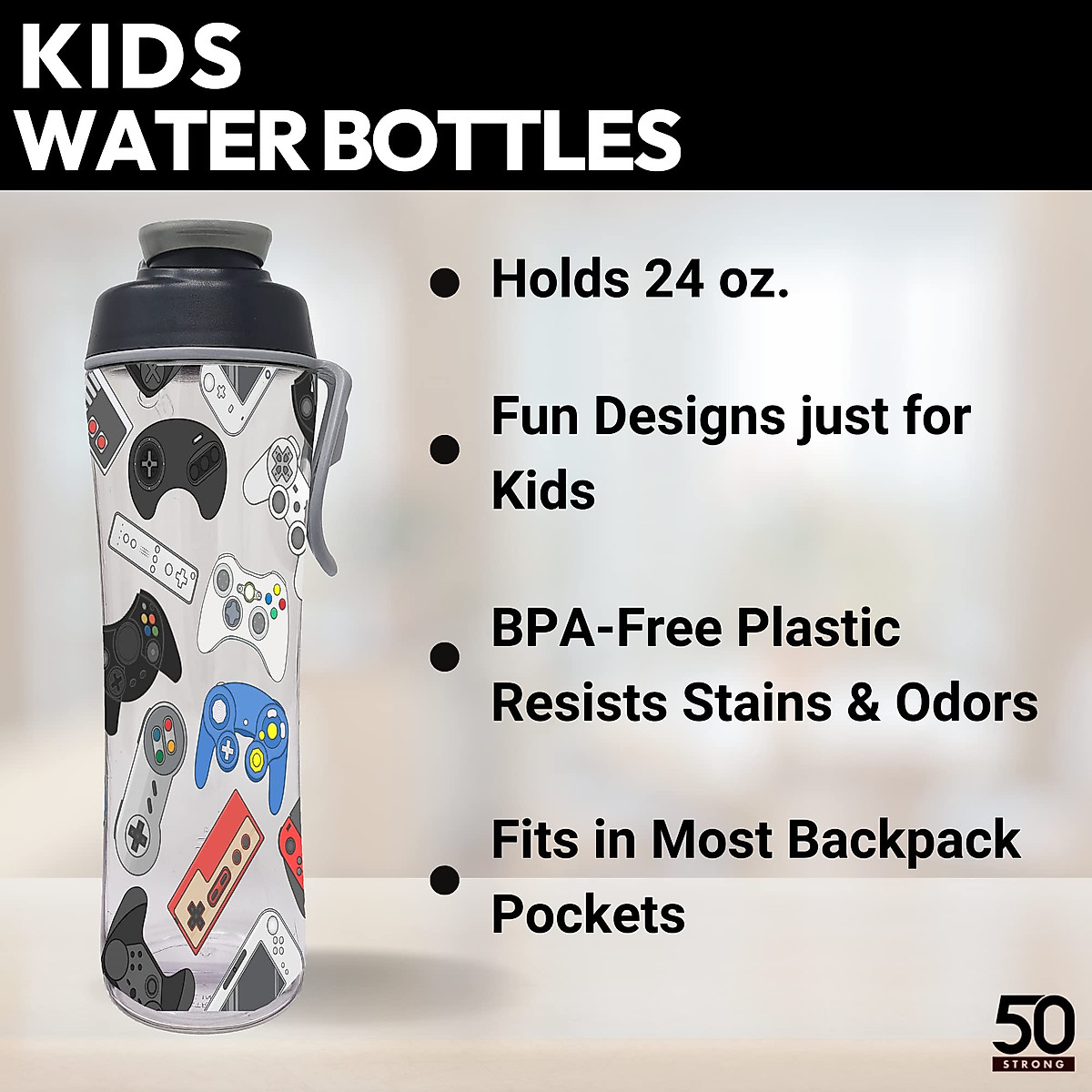 50 Strong Kids Water Bottle with Chug Lid and Easy Carry Handle | 24 oz BPA-Free Tritan Cup with Leakproof Cap | Reusable and Durable for Boys, Girls, School, and Sports | Made in USA (Video Games)