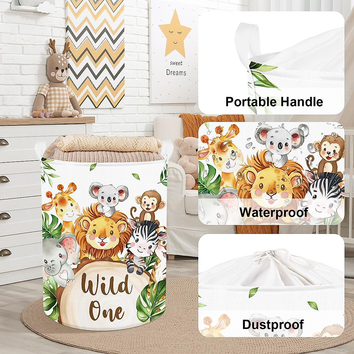 Clastyle 45L Large White Jungle Animals Elephant Kid Laundry Hamper with Handle Collapsible Lion Koala Giraffe Clothes Toy Storage Basket with Lid for Nursery