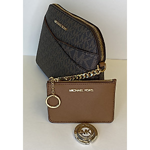 Michael Kors MICHAEL Michael Kors Jet Set Travel MD Dome XCross Crossbody bundled with SM TZ Coinpouch Purse Hook (Signature MK Brown/Luggage)