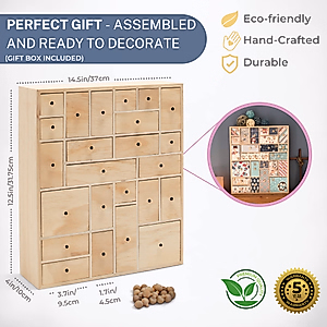 Hyggehaus DIY Wooden Advent Calendar Apothecary Cabinet Craft Storage organiser with Drawers for Decorating or Natural Wood. Handles Detached. Comes in Gift Box