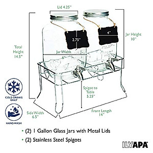 Outdoor Glass Beverage Dispenser 2 Pack with Sturdy Metal Base, Hanging Chalkboards & Stainless Steel Spigots - 1 Gallon Double Drink Dispensers for Lemonade, Tea, Cold Water, Laundry Detergent & More
