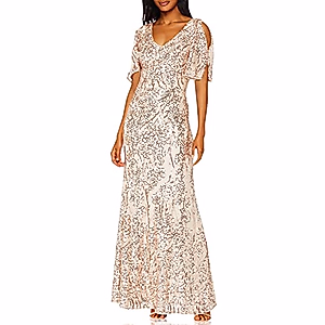 Alex Evenings Women's Sequin Stretch Lace Cold Shoulder Gown, Sand, 16