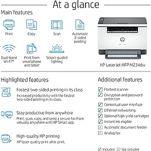 HP Laserjet MFP M234dw Wireless Monochrome All-in-One Laser Printer, Print Scan Copy,600x600 dpi, 30ppm, Auto Duplex Printing, 1.27" LCD Display, Wi-Fi, Ethernet - WULIC Printer Cable