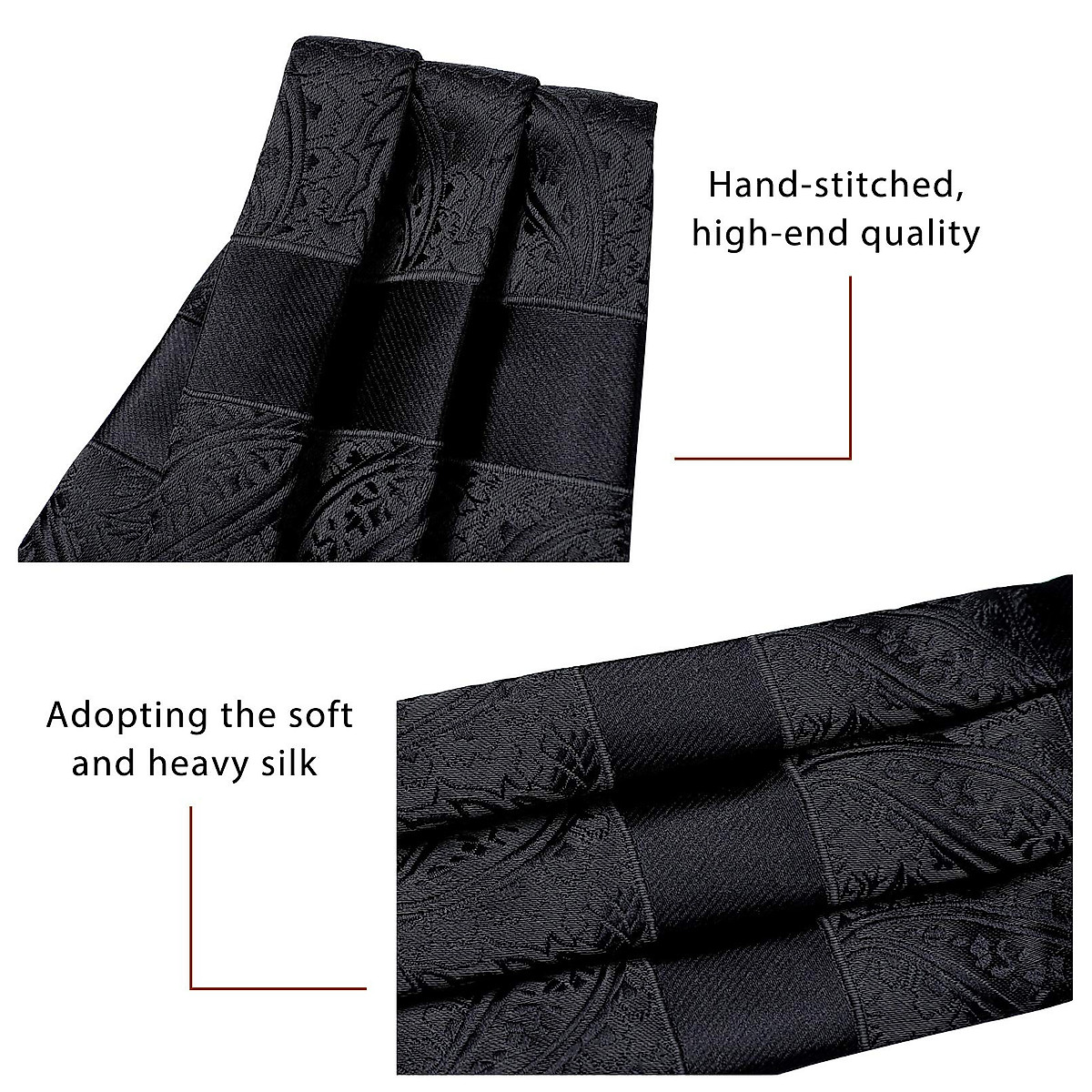 HISDERN Men's Cravats Black Ascot Ties for Men Paisley and Pocket Square Set Woven Classic Floral Ascot Scarf for Men Handkerchief Wedding Party