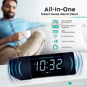 Sandman Clocks Doppler Smart Clock & Speaker with 6 Charging Ports and Alexa Multifunctional Bedside Clock with Alexa Built-in, Alarm, Smart Buttons, Premium Sound, Auto Dimmer - Blackout