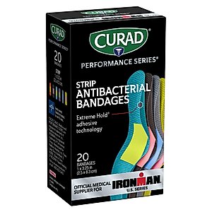 CURAD Performance Series IRONMAN Antibacterial Bandages, Extreme Hold Adhesive Technology, Standard Size Flexible Fabric Bandages for Cuts, Scrapes, & Burns, Assorted Colors, 1 x 3.25 inches, 20 Count