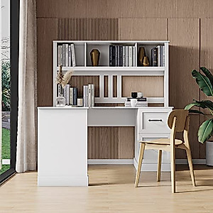 Bellemave L Shaped Desk with Hutch Wood Corner Computer Desk with Storage Drawers and Shelf Modern Home Office Desks L-Shaped Study Table Writing Desk Gaming Desk, White