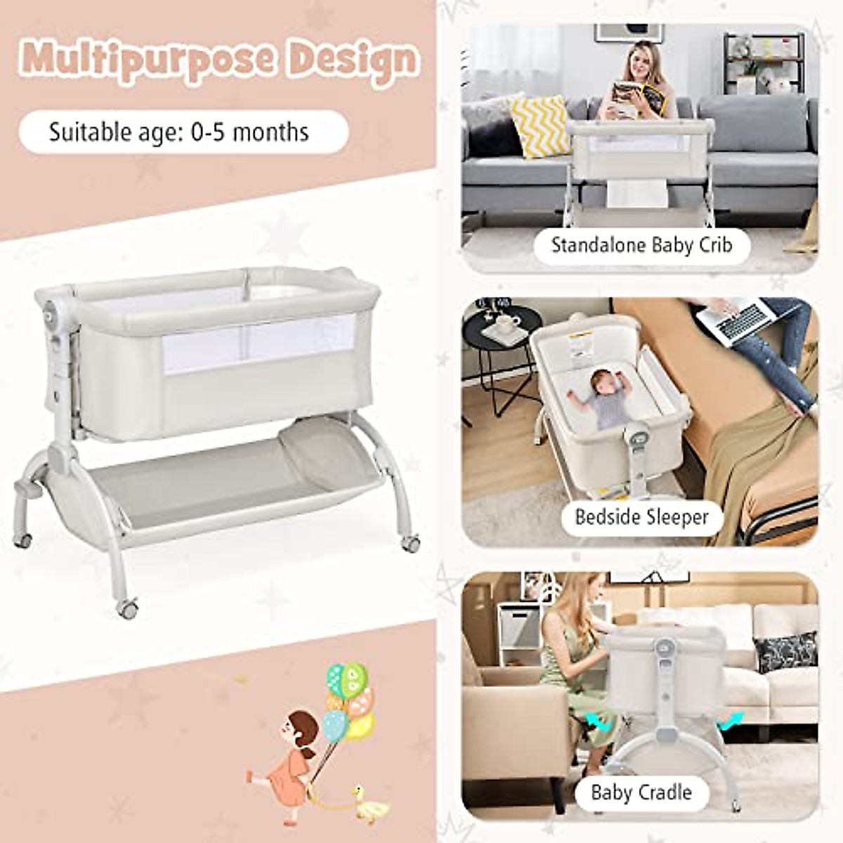 HONEY JOY Portable Baby Bassinet, 3-in-1 Bedside Sleeper Cradle w/Soft Mattress & Storage Basket, Newborn Infant Travel Crib w/ 7-Level Adjustable Height, 4 Lockable Wheels & Carry Bag (Beige)